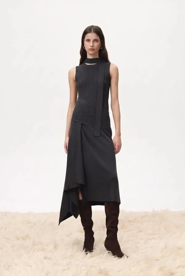 Fabrique Jinkim Scarf Tie Fitted Dress In Silk Cotton Blend Knit - Grey