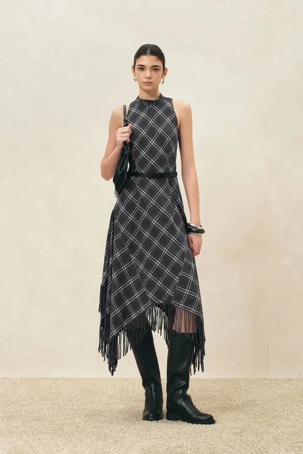 Fabrique Mona Plaid Asymmetric Fringed Belted Dress In Flannel