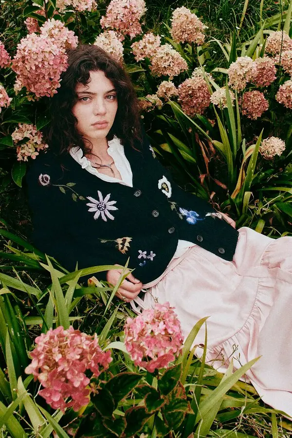 Fabrique Maëlys Hand Embroidery Textured Cardigan In Wool Cotton Blend