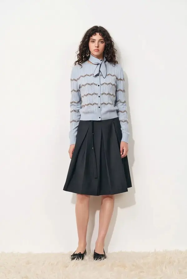 Fabrique Kiki Wave Stripe Cardigan With Scarf In Wool Blend Cable Knit