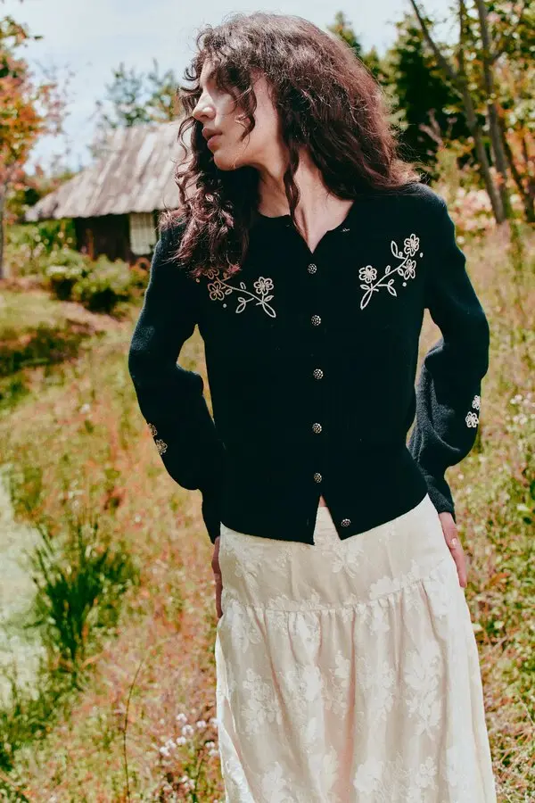 Fabrique Lila Hand Embroidery Floral Fitted Cardigan In Wool Blend
