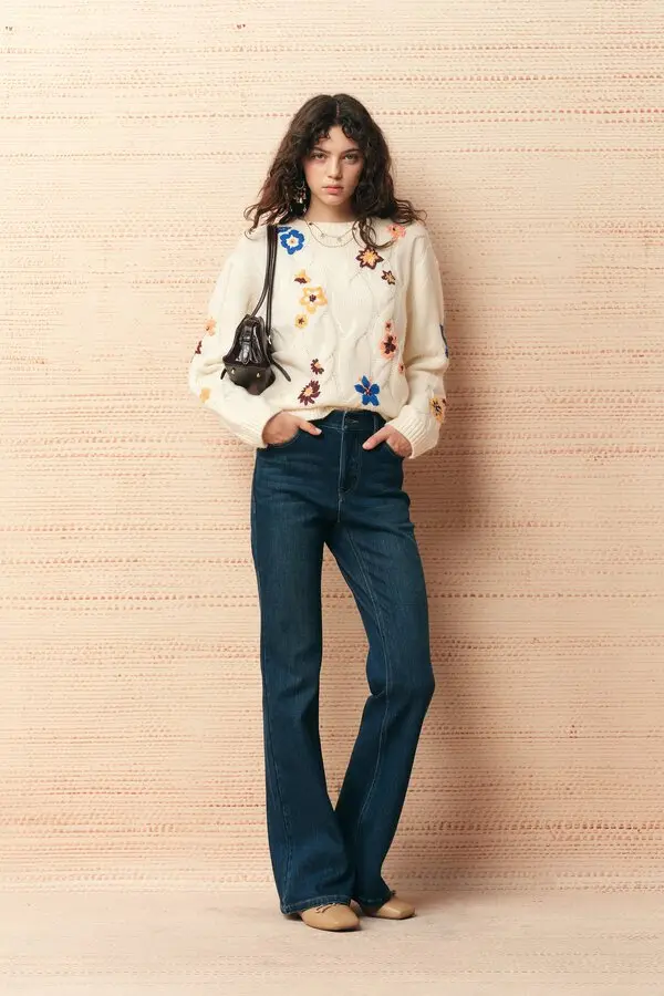 Fabrique Lorna Hand Embroidered Floral Sweater In Wool Blend Cable Knit