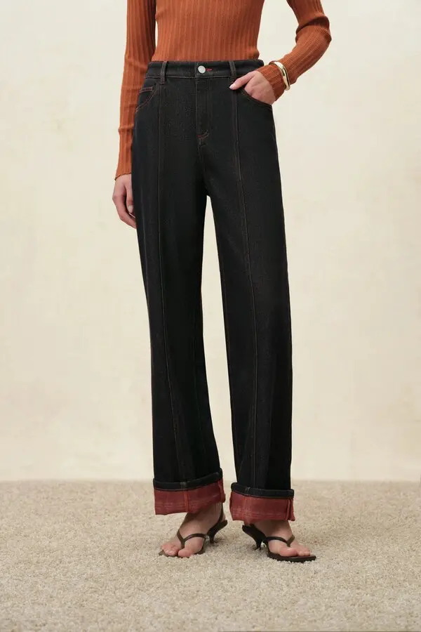 Fabrique Cadence Plaid Straight Leg Jeans With Fleece Lining In Flocked Denim