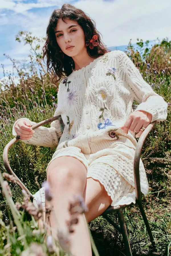 Fabrique Rosalie Hand Embroidery Openwork Cardigan In Wool Cotton Blend