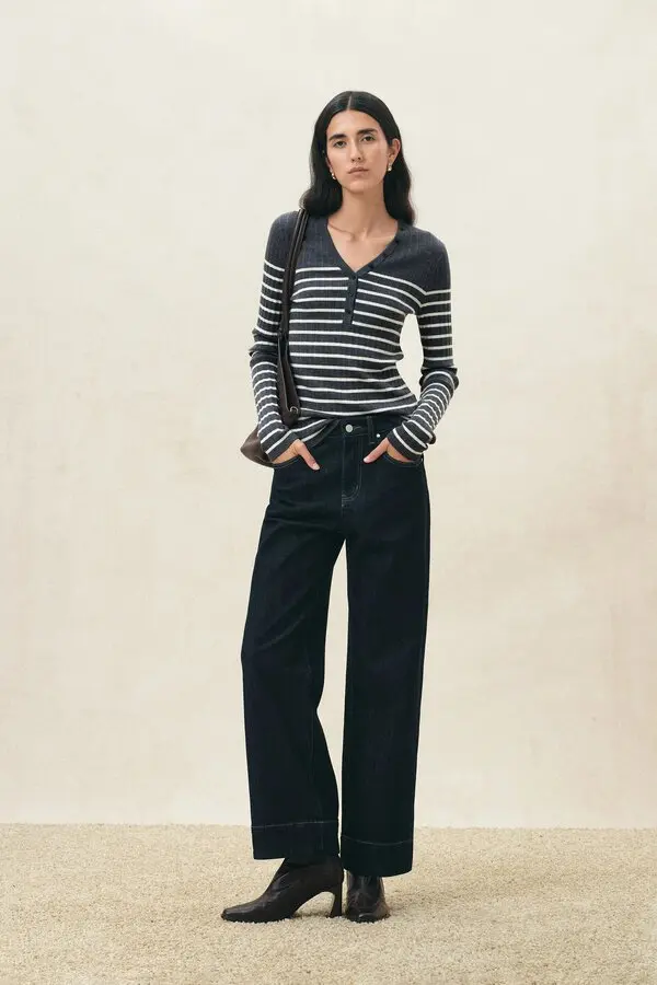 Fabrique Vivi Gray Striped Henley Top In Wool Blend