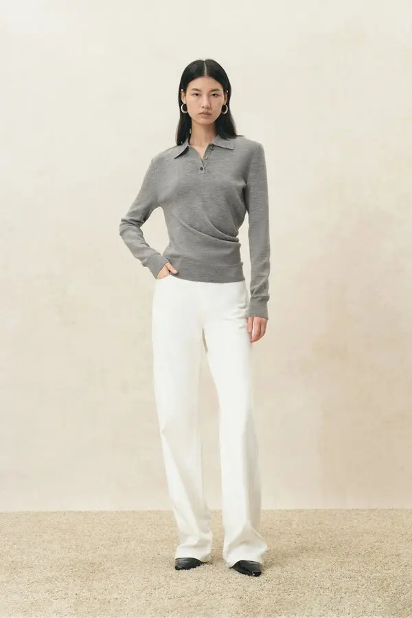 Fabrique Zoe Cinched Waist Polo Top In Wool Blend Knit