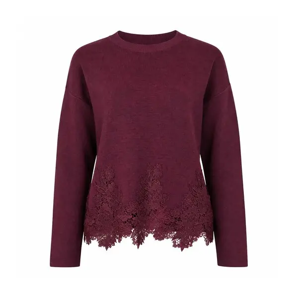 YUMI Burgundy Viscose Relaxed Jumper With Lace Trim - Purple
