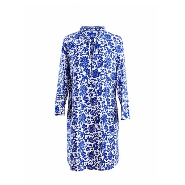 KAMINEE White / Blue Lagoon Floral Block Print Linen Kaftan Navy
