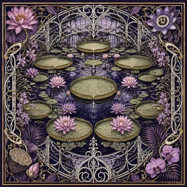 SILK AND BEARS Waterlily House At Night Wool Silk Scarf – Double-sided Print, Hand-rolled Hem - Purple
