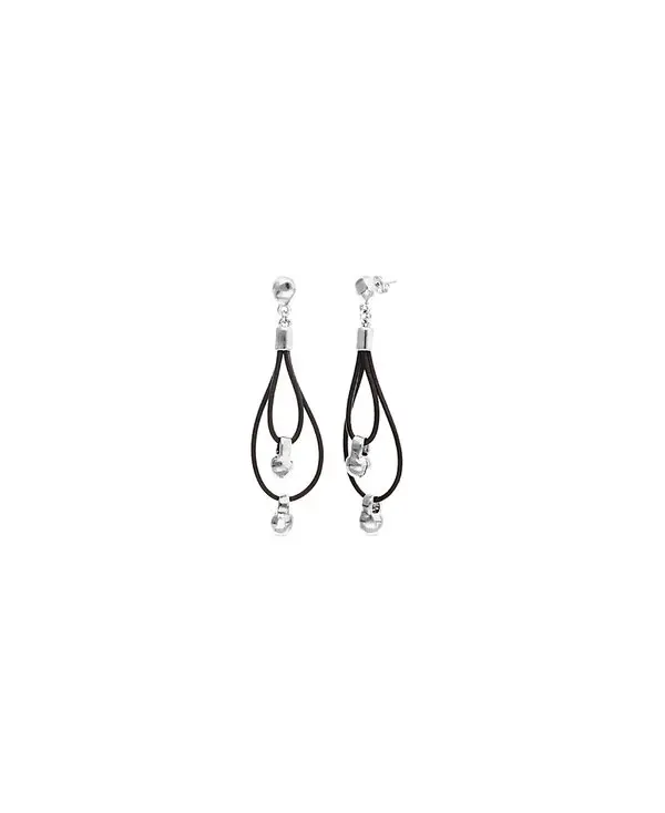 UNODE50 Double Long Leather Earrings With Sterling -plated Dial Detail - Silver