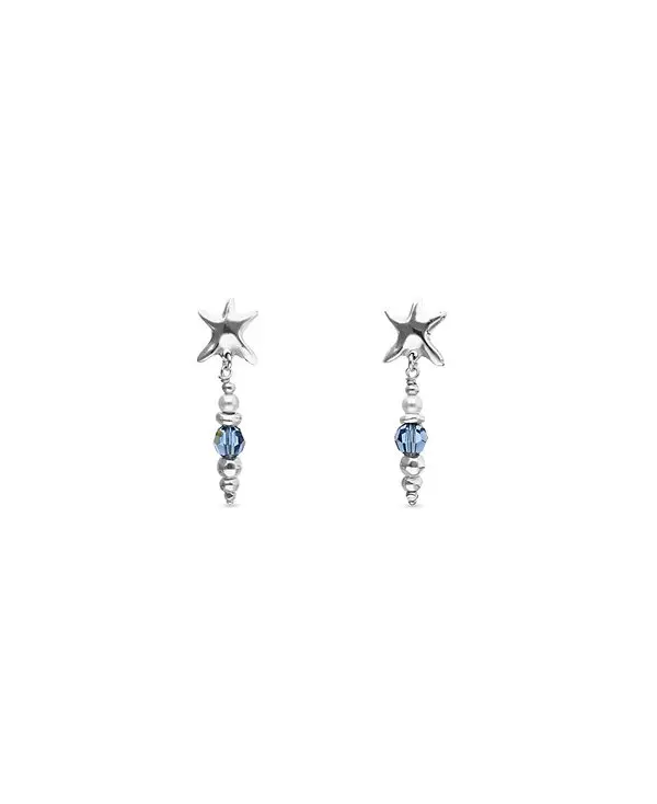 UNODE50 Long Silveratone Earrings With Blue Faceted Crystals And Star - Silver