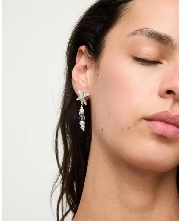 UNODE50 Long Silveratone Earrings With Blue Faceted Crystals And Star