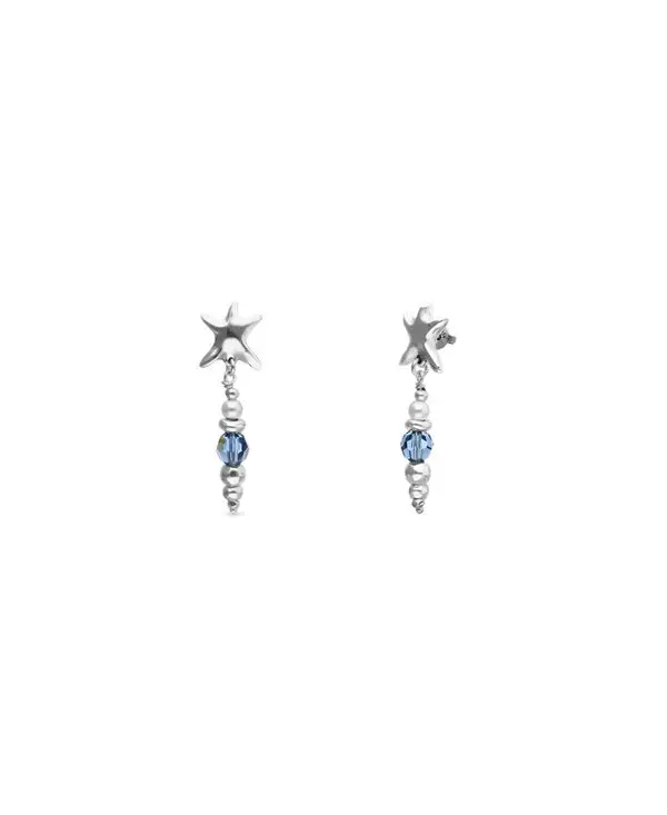 UNODE50 Long Silveratone Earrings With Blue Faceted Crystals And Star