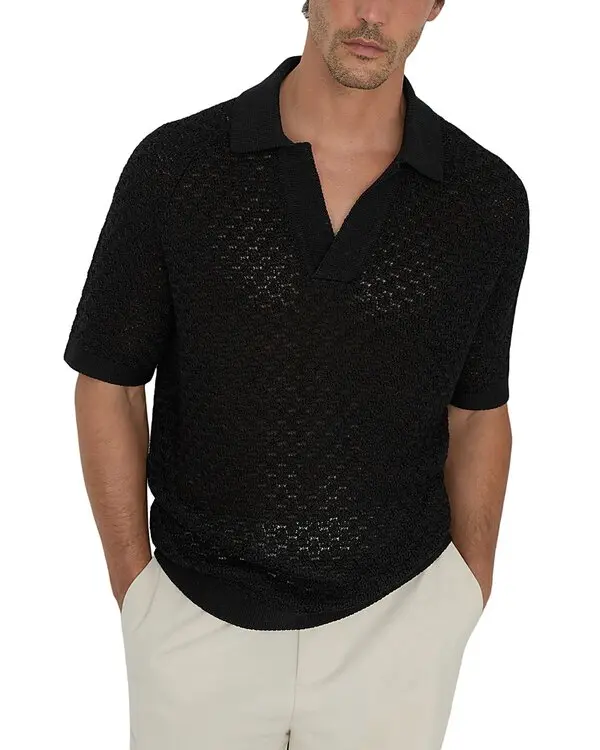 REISS Raffarty Cotton Blend Open Collar Crochet Polo Shirt - Black