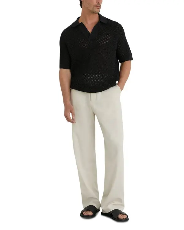 REISS Raffarty Cotton Blend Open Collar Crochet Polo Shirt - Black