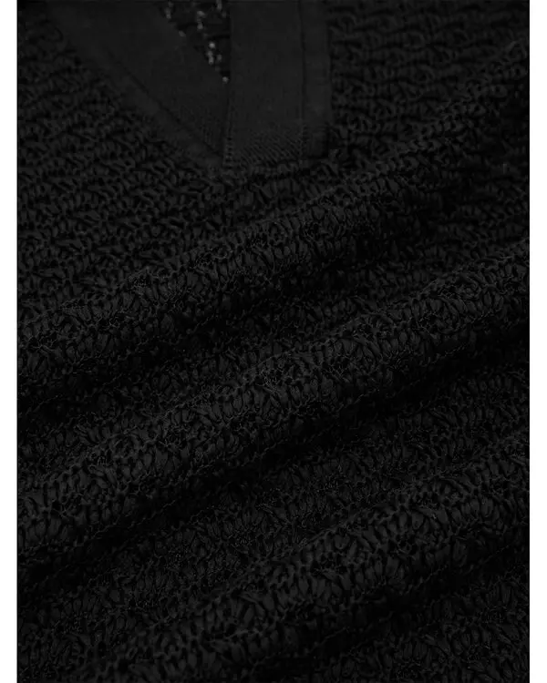 REISS Raffarty Cotton Blend Open Collar Crochet Polo Shirt - Black