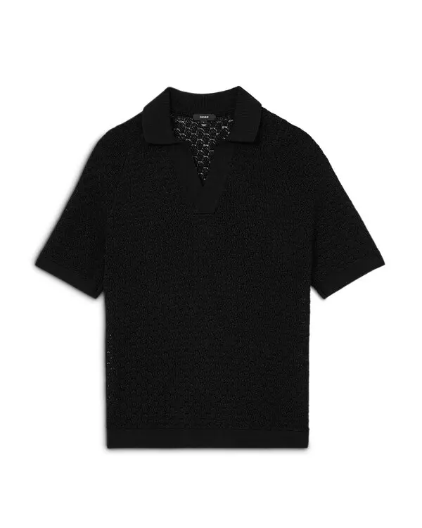 REISS Raffarty Cotton Blend Open Collar Crochet Polo Shirt - Black