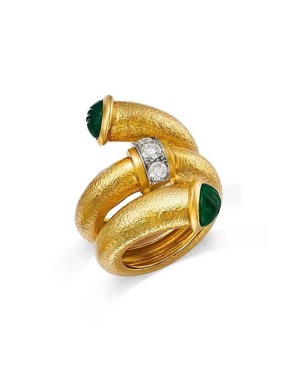 David Webb Platinum & 18k Yellow Emerald & Diamond Carved Pipe Ring