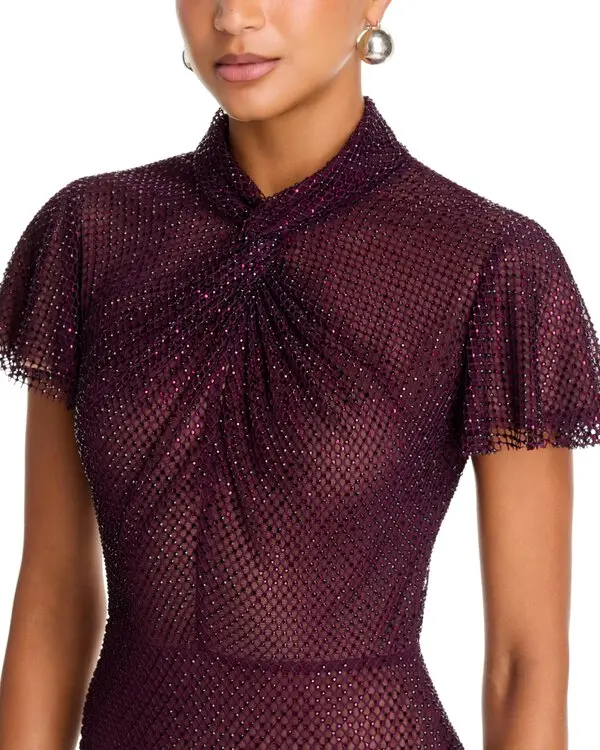 SELF-PORTRAIT Rhinestone Twist Neck Fishnet Midi Dress