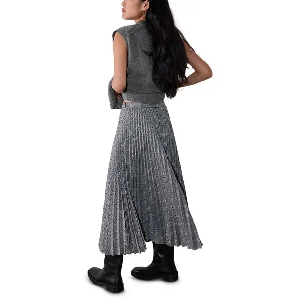 Whistles Petites Check Pleated Midi Skirt - Grey Multi
