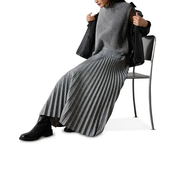 Whistles Petites Check Pleated Midi Skirt - Grey Multi
