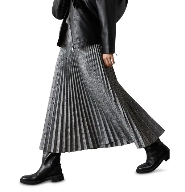 Whistles Petites Check Pleated Midi Skirt - Grey Multi