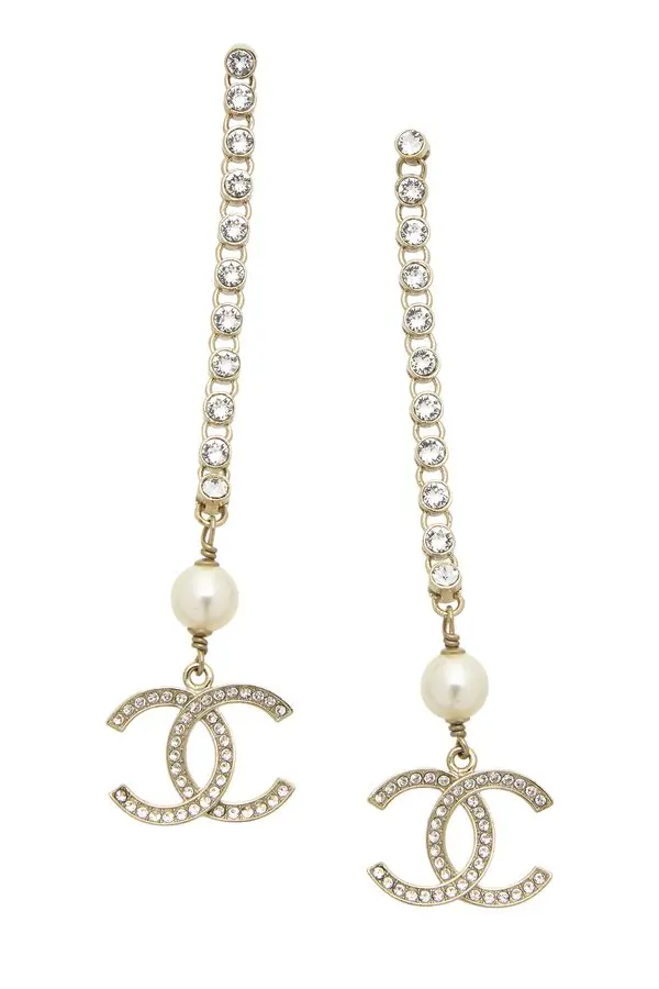 Chanel Crystal 'cc' Faux Pearl Dangle Earrings - Gold