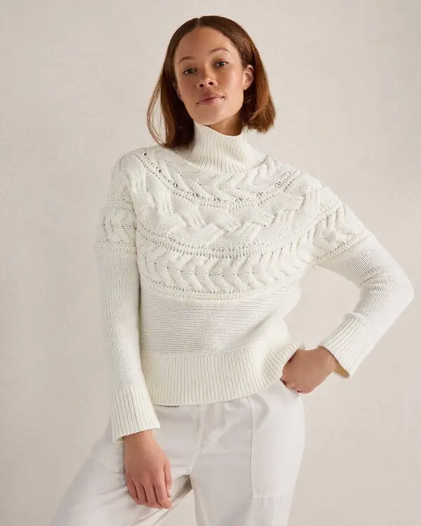 HAVEN WELL WITHIN Cotton Blend Cable Mockneck Sweater - Ivory