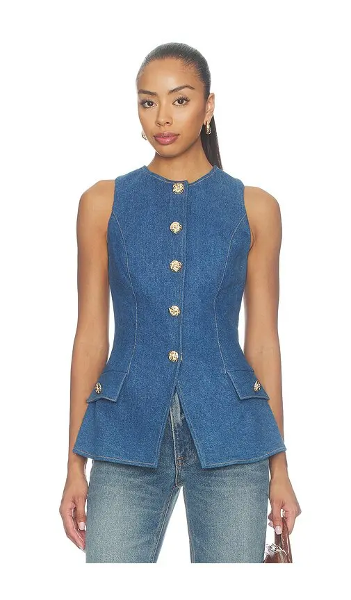 NADINE MERABI Vintage Wash Denim Waistcoat - Blue