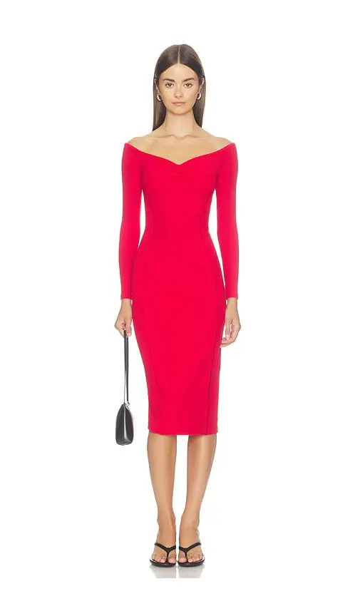 FLEUR DU MAL Off Shoulder Hourglass Rib Midi Dress In Red