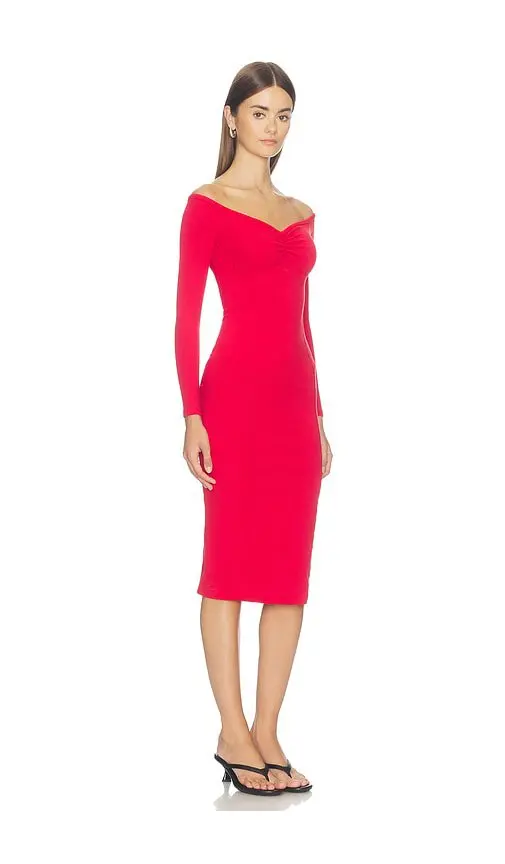 FLEUR DU MAL Off Shoulder Hourglass Rib Midi Dress In Red