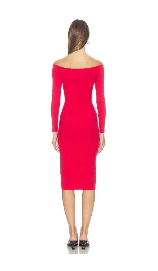 FLEUR DU MAL Off Shoulder Hourglass Rib Midi Dress In Red