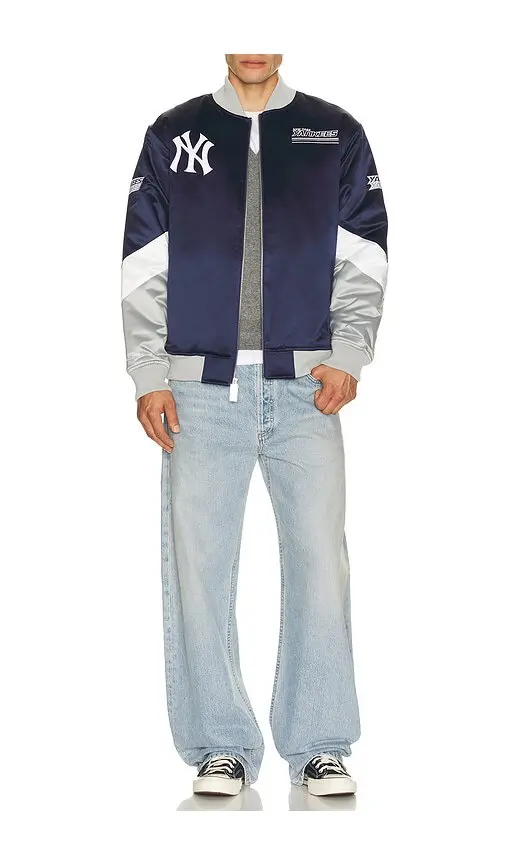 Mitchell & Ness Mlb New York Yankees Triple Check Heavyweight Satin Jacket In Blue