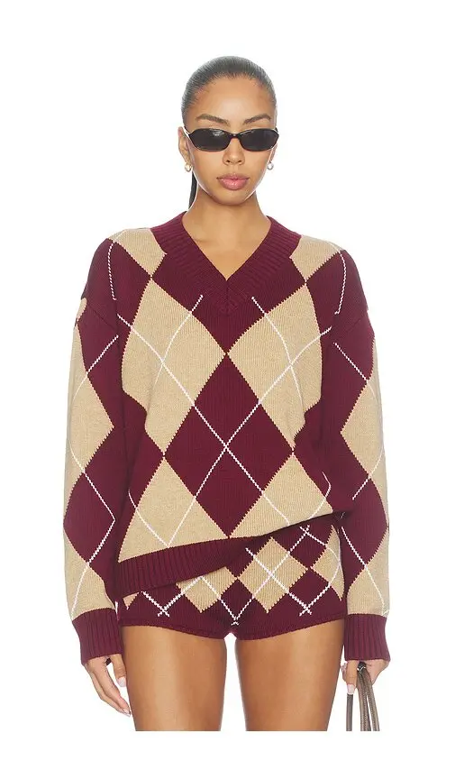 LOVERS AND FRIENDS Lunaria Argyle Sweater In Burgundy - Wine Multi