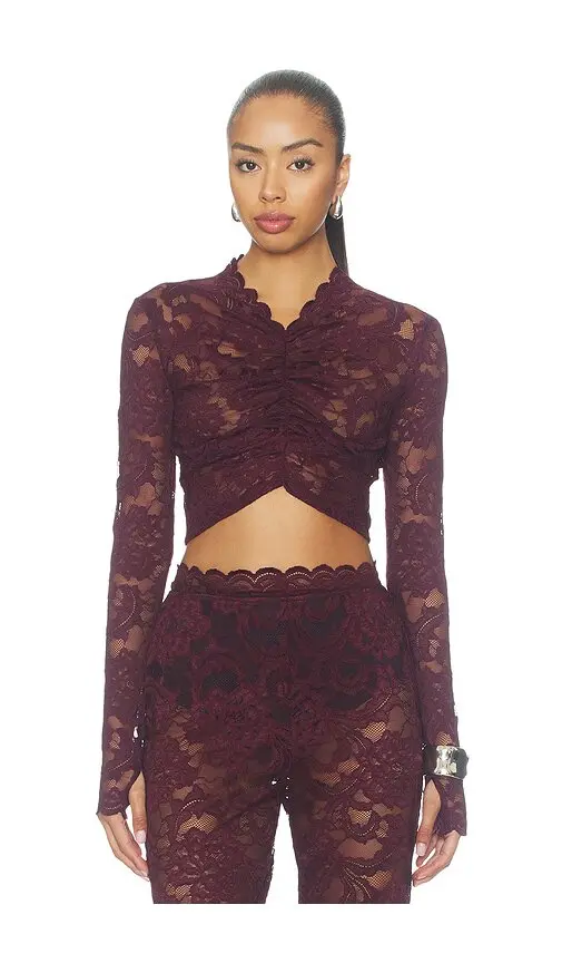 NOOKIE Delphine Lace Long Sleeve Crop Top In Burgundy - Wine