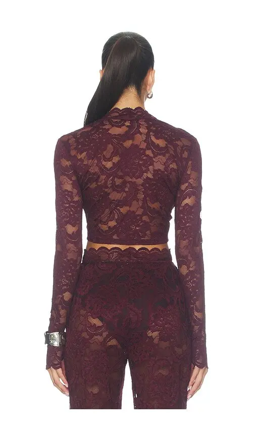 NOOKIE Delphine Lace Long Sleeve Crop Top In Burgundy