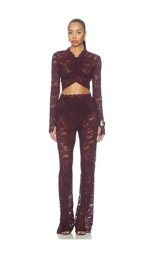 NOOKIE Delphine Lace Long Sleeve Crop Top In Burgundy