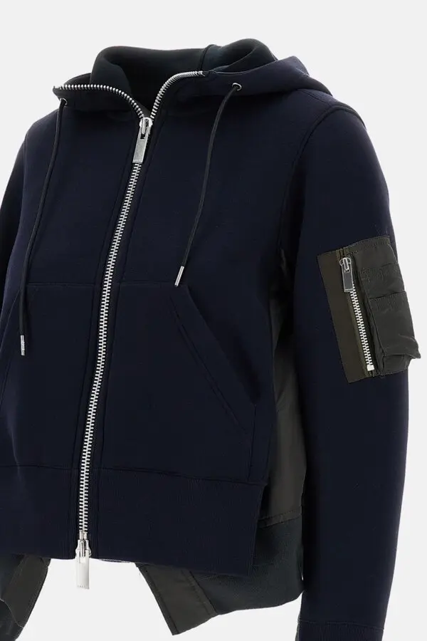 Sacai Felpa In Sponge Sweat E Nylon Twill Con Cappuccio - Blu