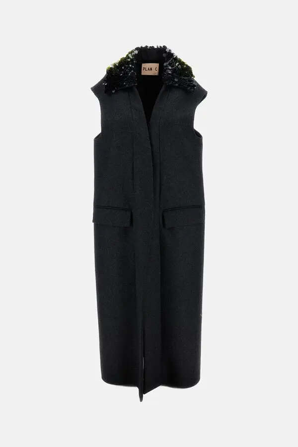 Plan C Gilet Lungo Con Collo In Paillettes - Black