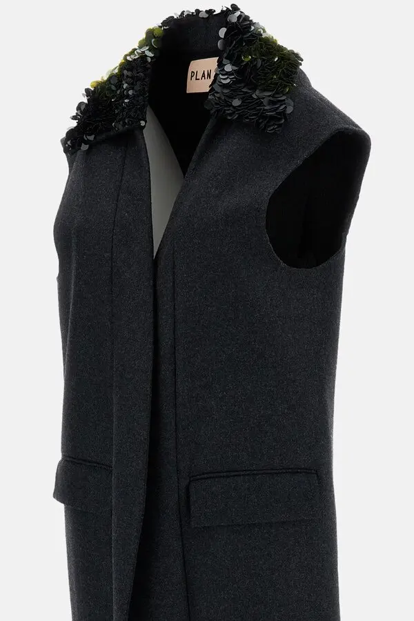 Plan C Gilet Lungo Con Collo In Paillettes - Nero