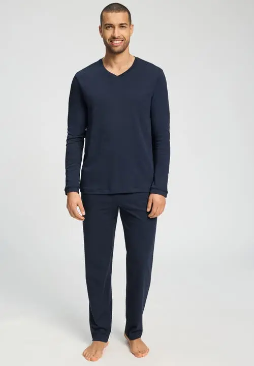 Hanro Night & Day Cotton V-neck Pajama Set - Deep Navy
