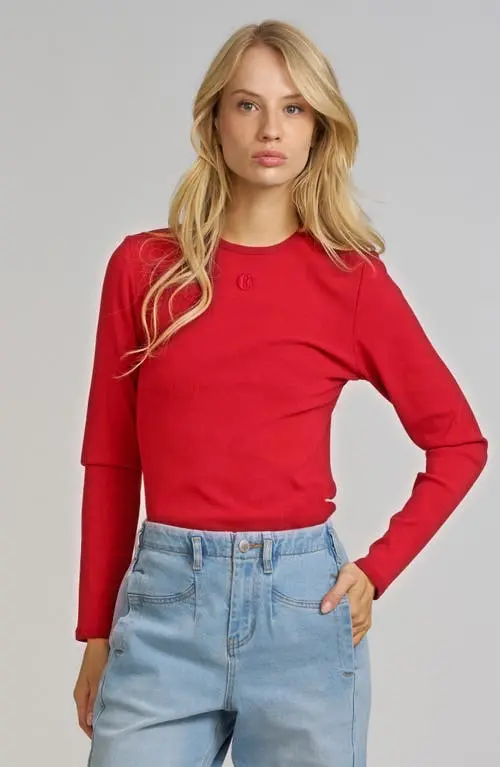 ELLE COLLECTION Embroidered Long Sleeve Shirt - Cerise