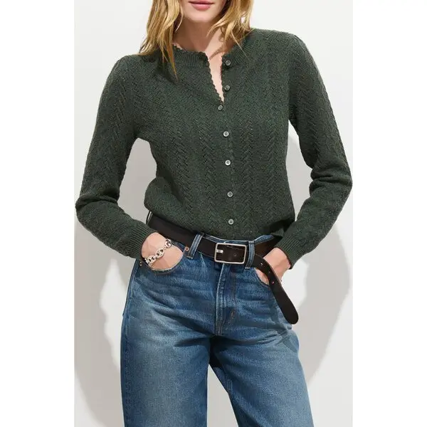 ALEX MILL Gracie Pointelle Wool & Cotton Cardigan - Heather Forest
