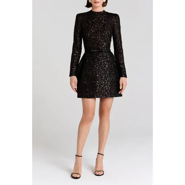 NADINE MERABI Edie Long Sleeve Sequin Cocktail Dress