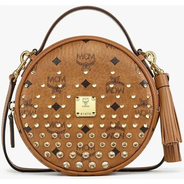 Mcm Pina Tambourine Crossbody In Gold Crystal Visetos - Cognac