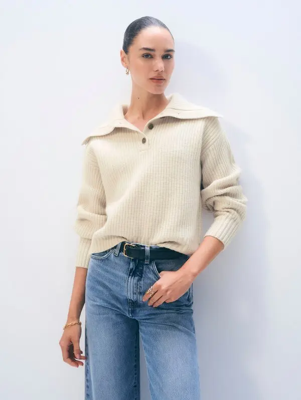 WHITE & WARREN Cashmere Blend Collared Henley Sweater In Size