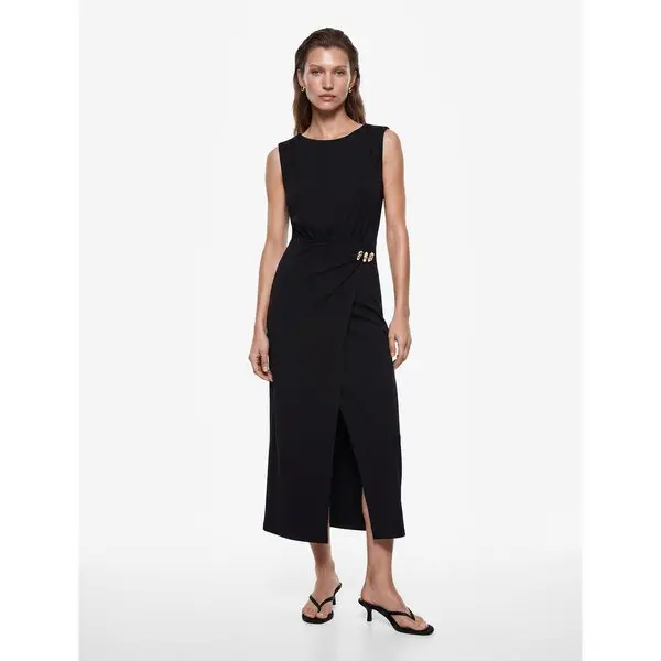 Koton Sleeveless Crew Neck Draped Midi Dress With Accessory Detail