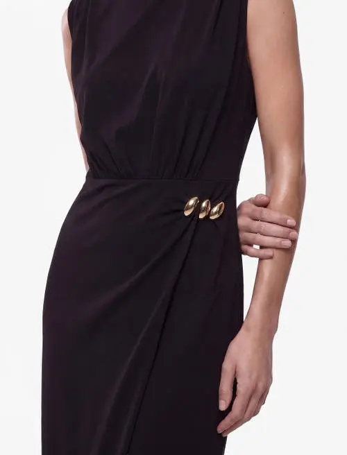 Koton Sleeveless Crew Neck Draped Midi Dress With Accessory Detail
