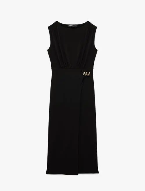 Koton Sleeveless Crew Neck Draped Midi Dress With Accessory Detail