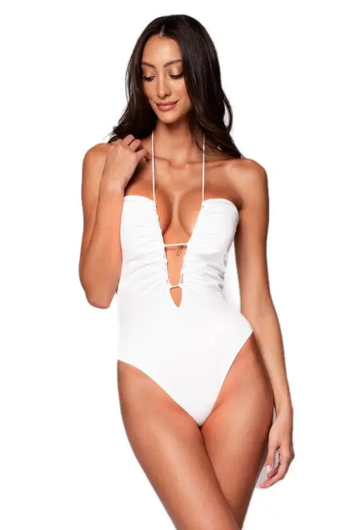 CHERINA  BEACHWEAR Cherina Beachwear Mia Ruched Plunge Neckline One-piece Swimsuit - White